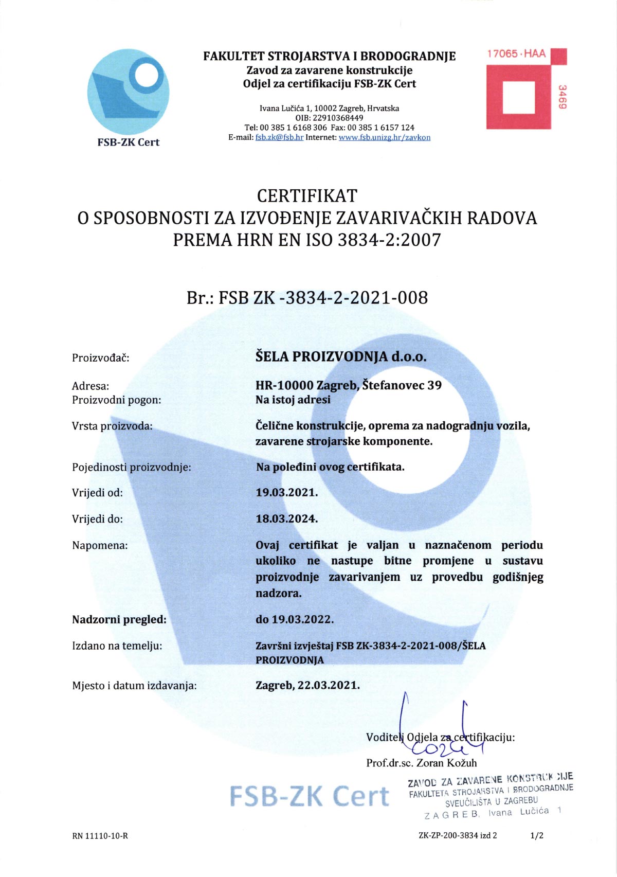 Certifikati – Šela proizvodnja d.o.o.